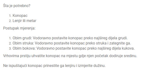 Tabele veličina za odjeću | Sport Vision